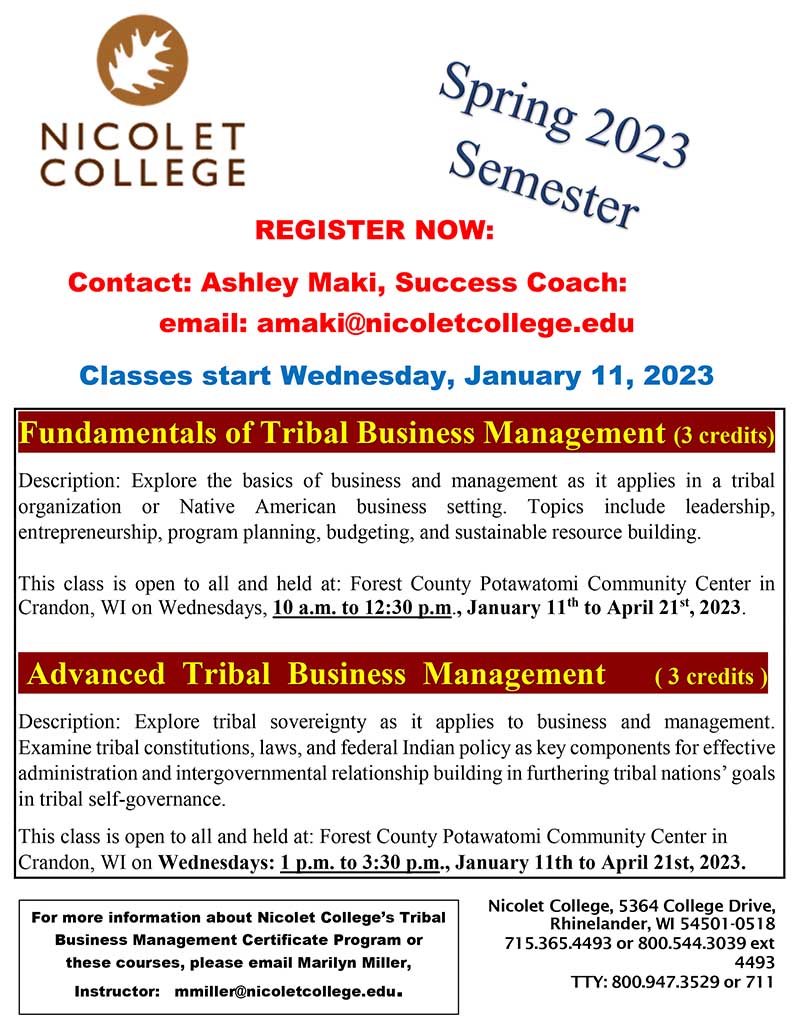Nicolet College Tribal Business Management Classes – Sokaogon Chippewa Community