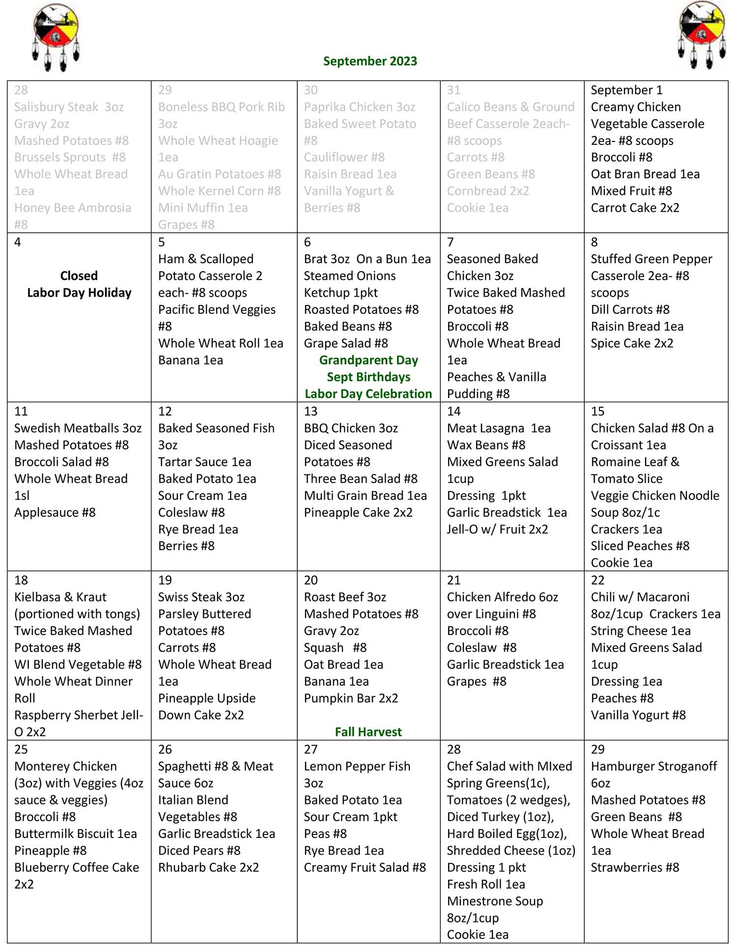September Menu - Sokaogon Chippewa Community