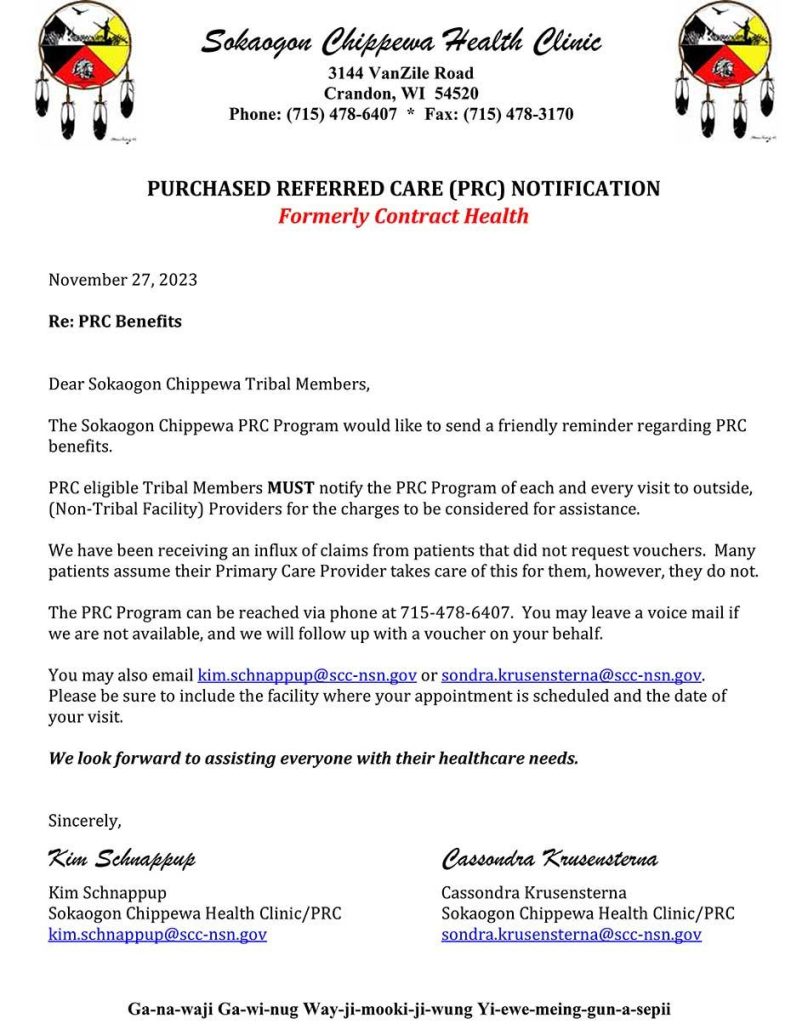 Purchased Referred Care (PRC) Notice - Sokaogon Chippewa Community