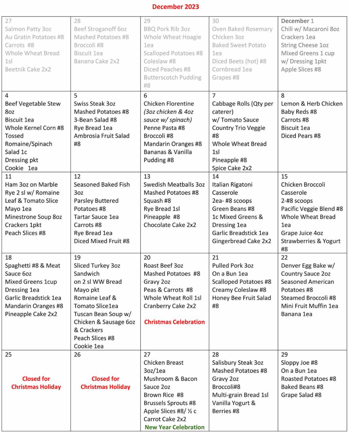 December Menu - Sokaogon Chippewa Community