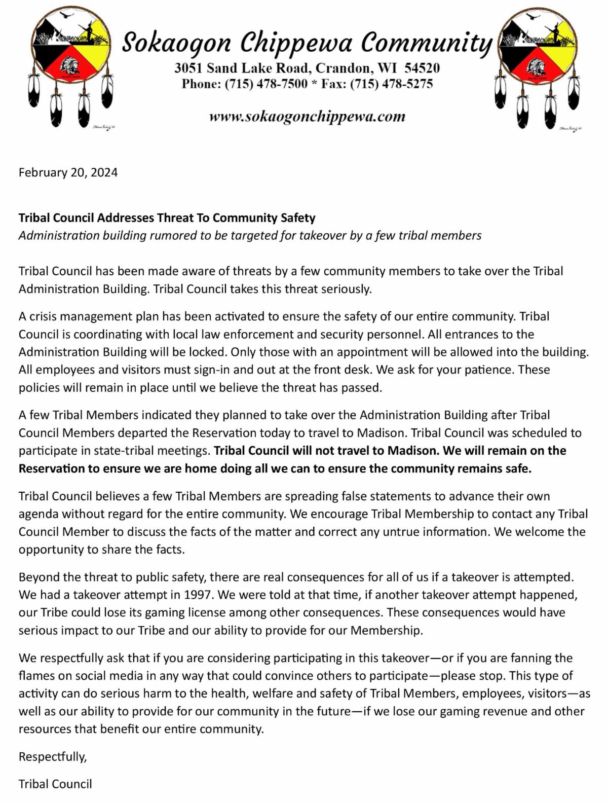 Tribal Council Addresses ﻿Threat to Community Safety - Sokaogon Chippewa Community